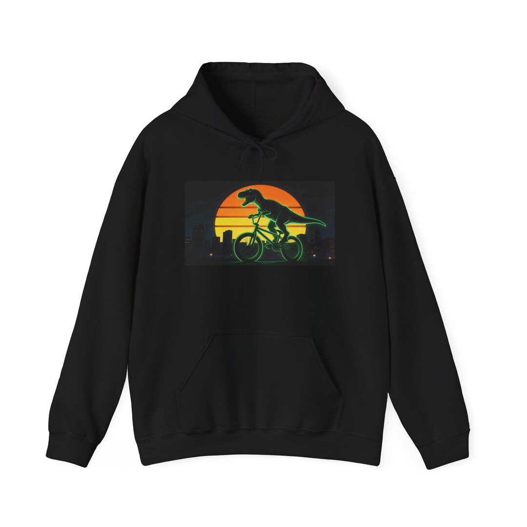 Retro Sunset Dinosaur Riding BMX Bike Hoodie | Vintage T-rex Cycling ...