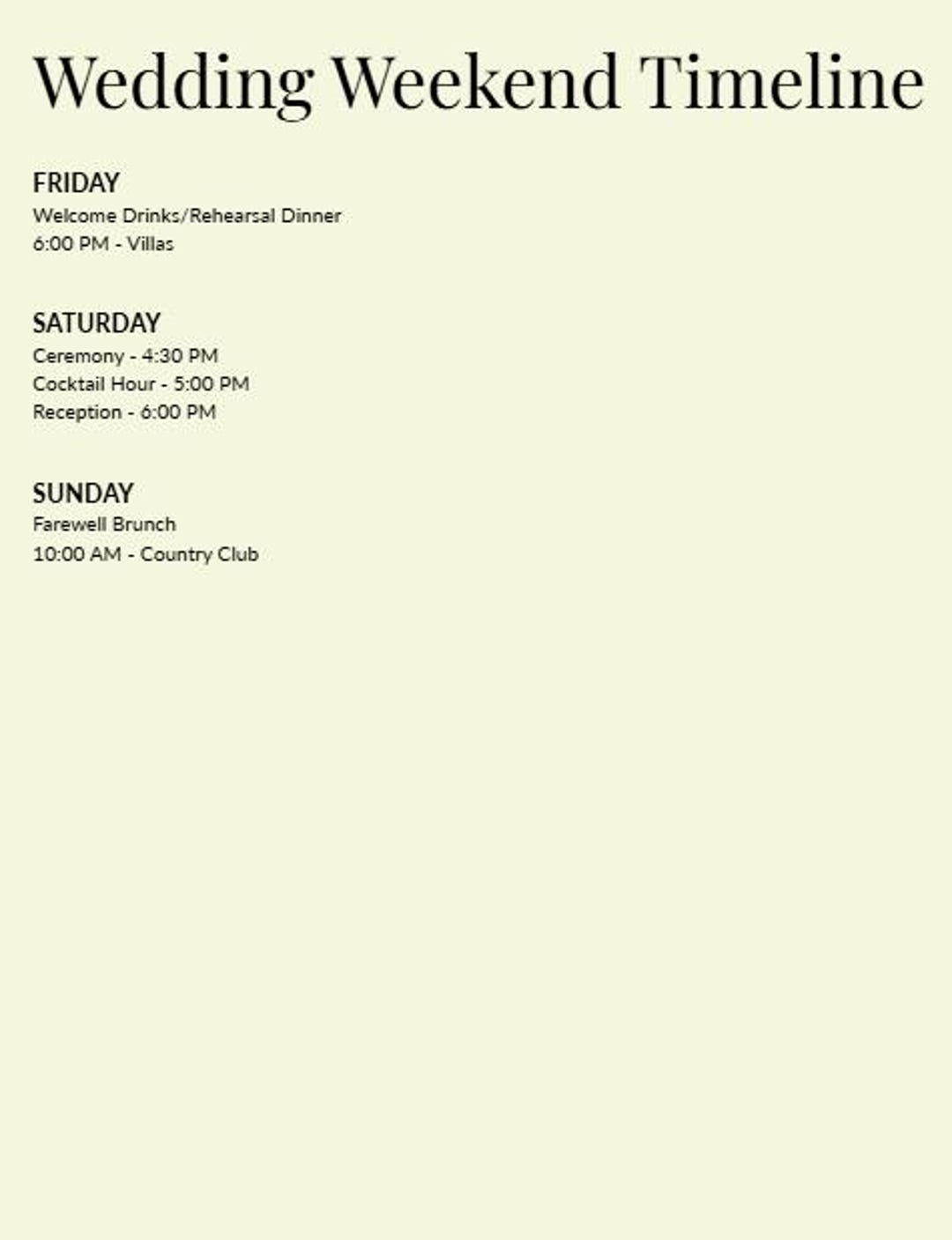 Editable Wedding Timeline Bundle | Wedding Weekend, Day & Vendor ...