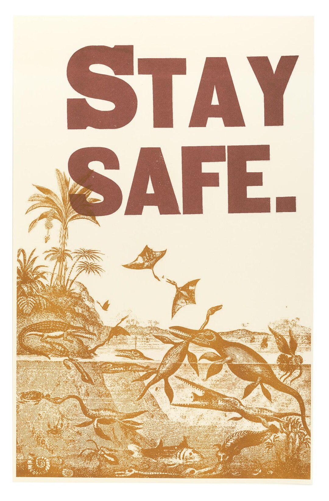 Stay Safe. (bright Gold + Mahogany, Dinosaurs - Risograph) - Etsy