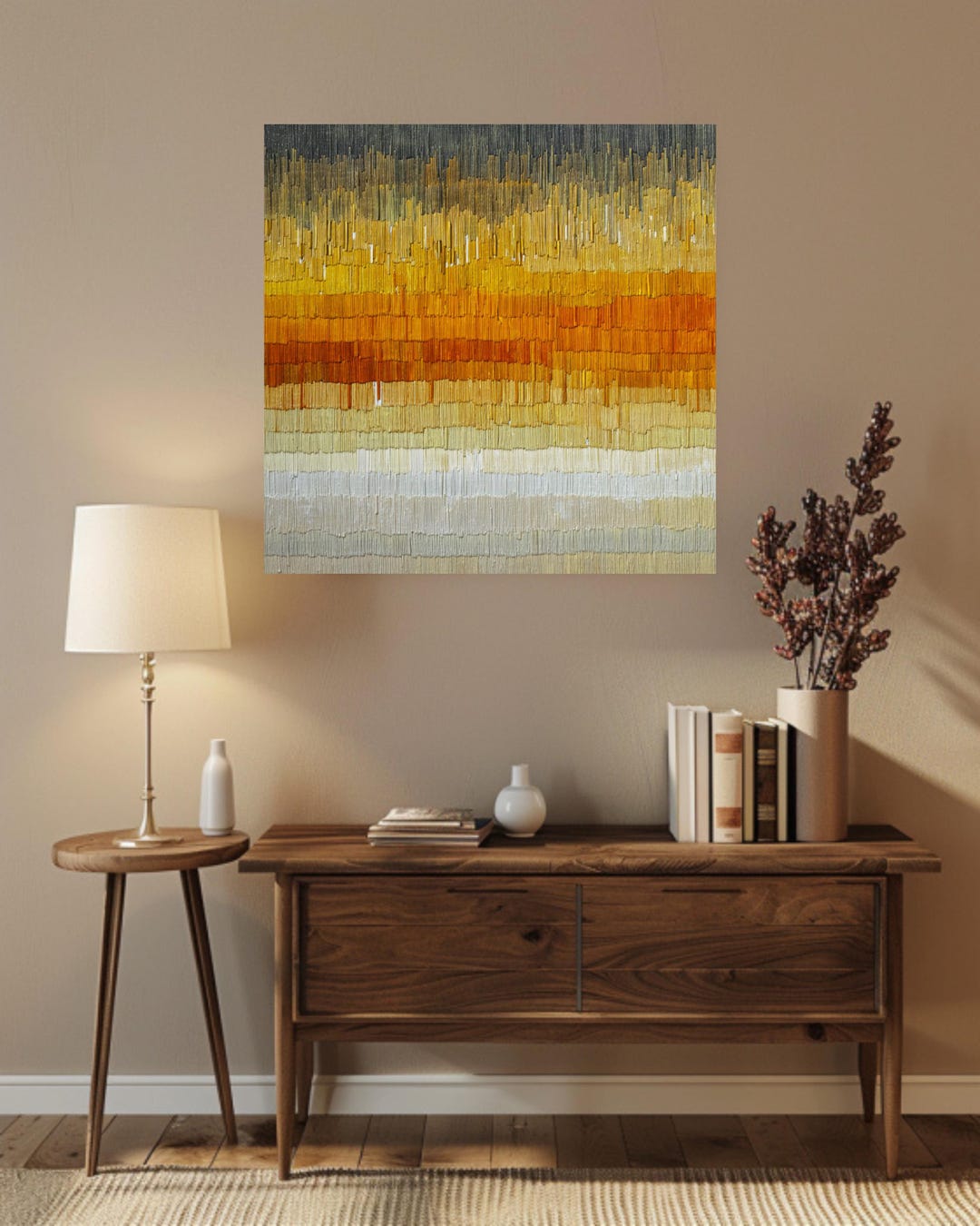 Textured Horizontal Line Wall Art Framed Abstract Sunset Painting Warm ...