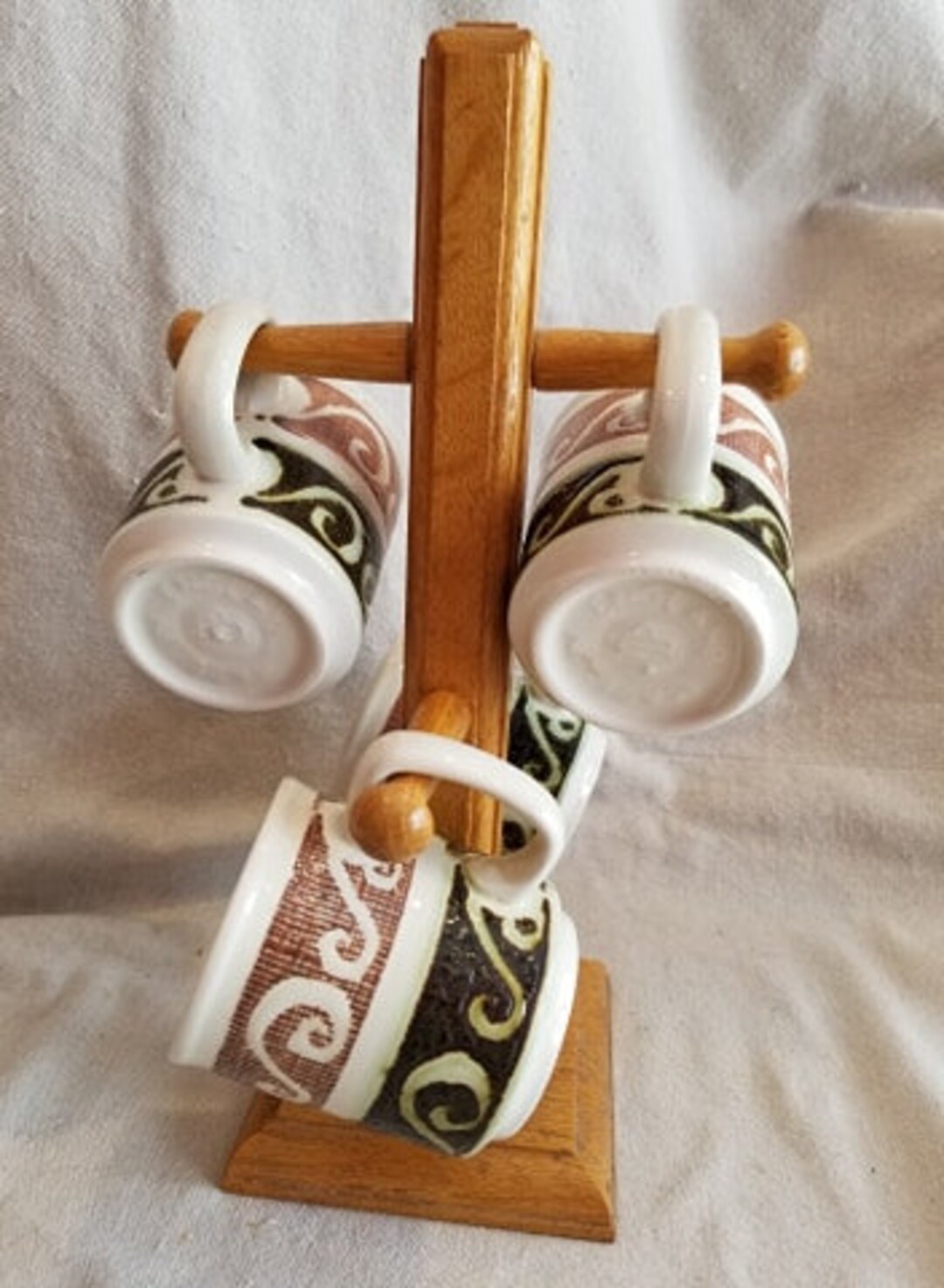 Vintage England Coffee Mug Set With Handmade Wooden Tree Stand - Etsy