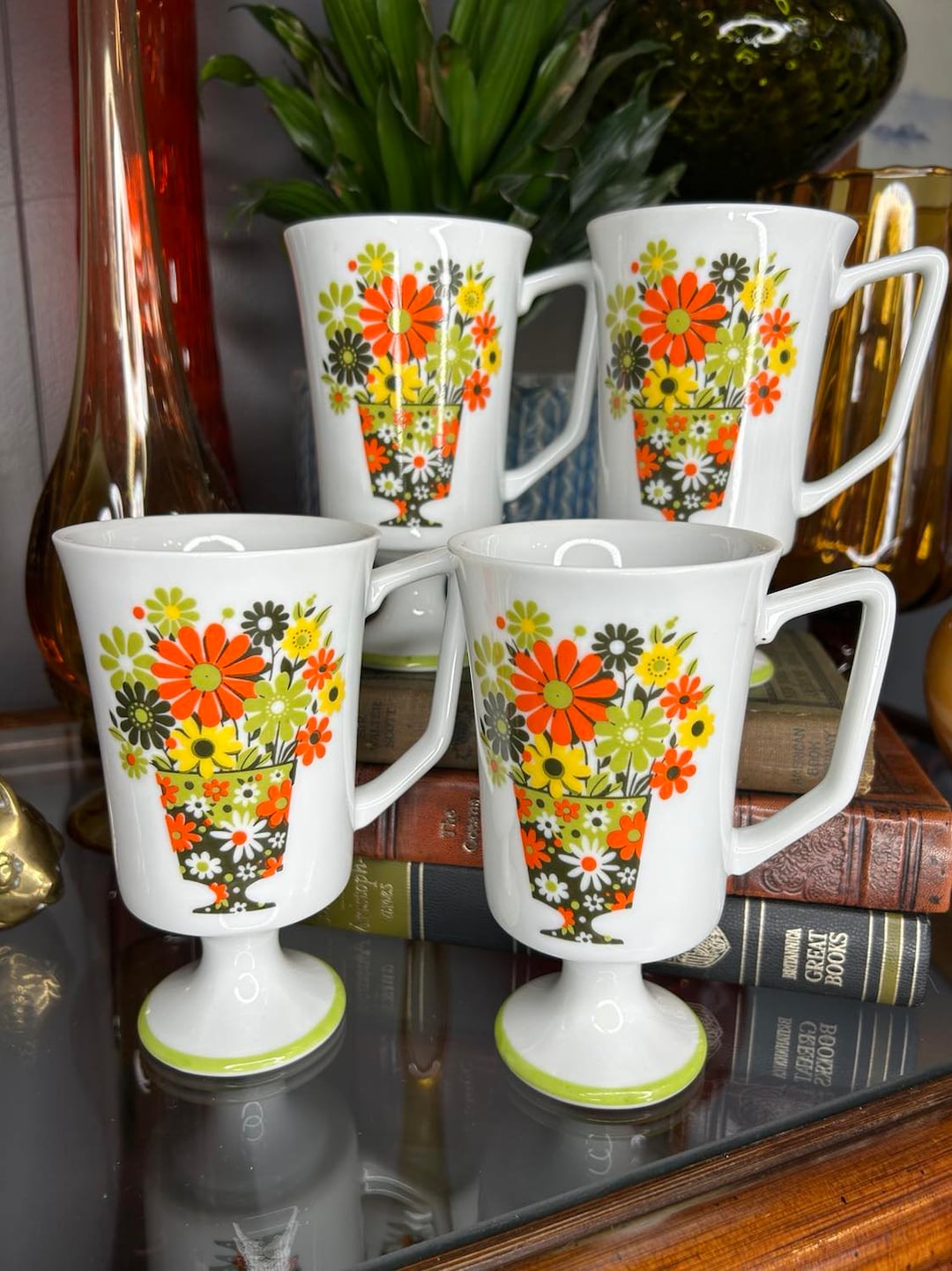 Vintage Flower Power Milk Glass Mugs: Set of 4 JSC Japan Pedestal Mugs ...