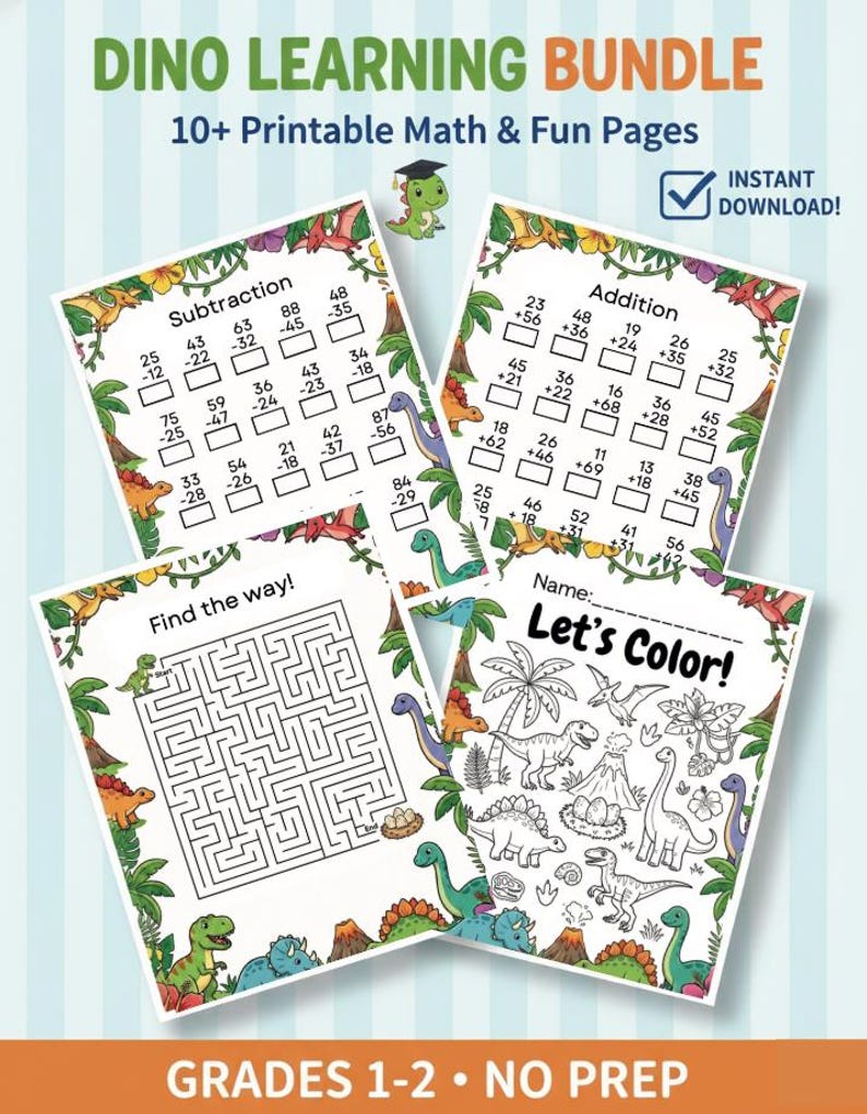 Dinosaur Themed Colorful Worksheet - 1st & 2nd Grade, Printable ...