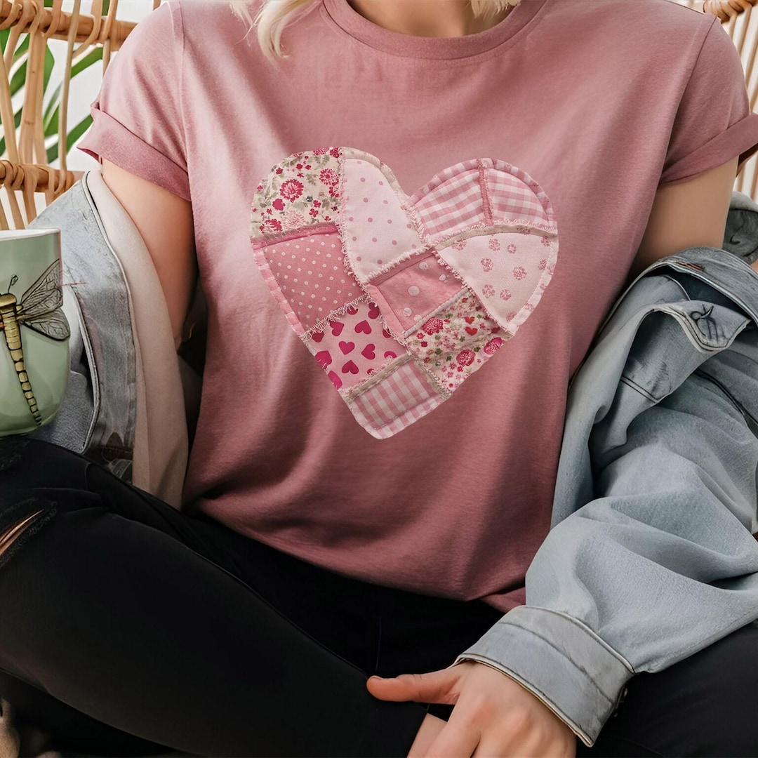 Valentine Patchwork T-shirt, Faux Patched Quilted Heart Tee, Quilted ...
