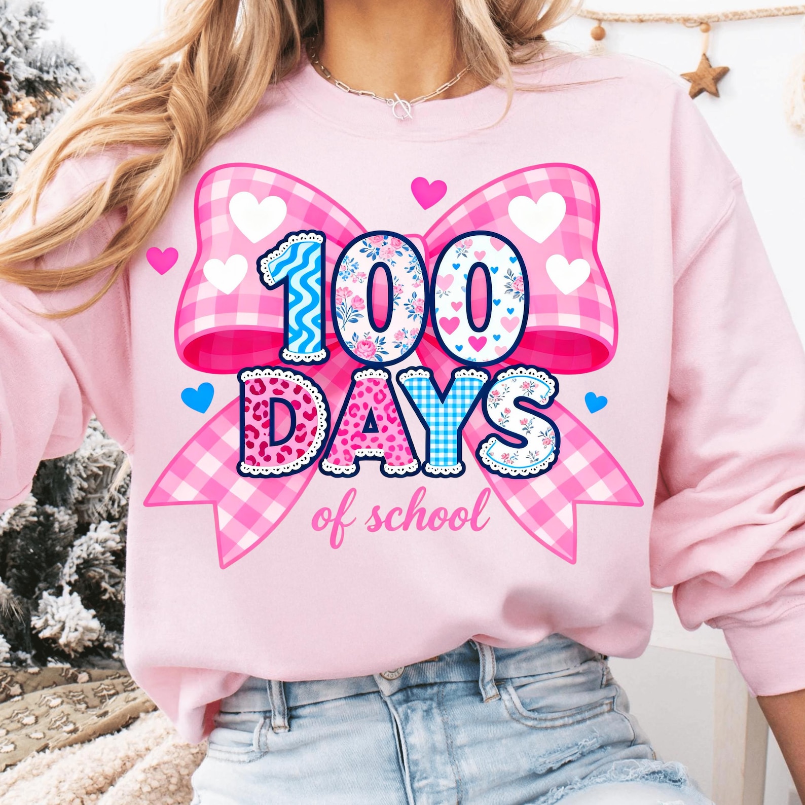 Preppy Coquette 100 Days of School PNG, Floral Glitter Pencil Bow ...