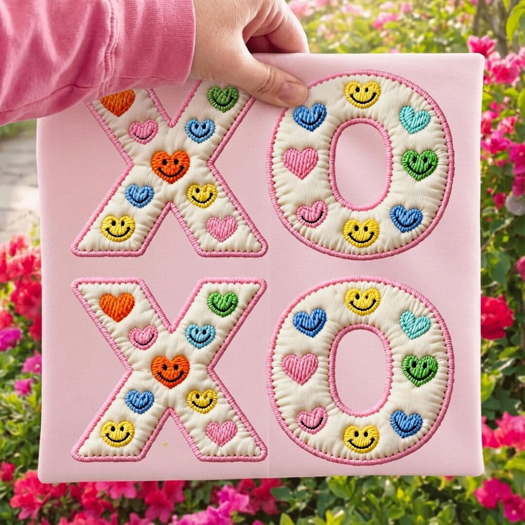 Retro Valentine XOXO Smiley Face PNG, Faux Yarn Latch Hook Heart ...
