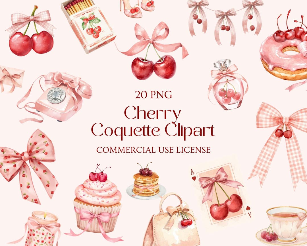 Cherry Coquette Valentine Clipart PNG, Watercolor Cherry Bows, Love ...