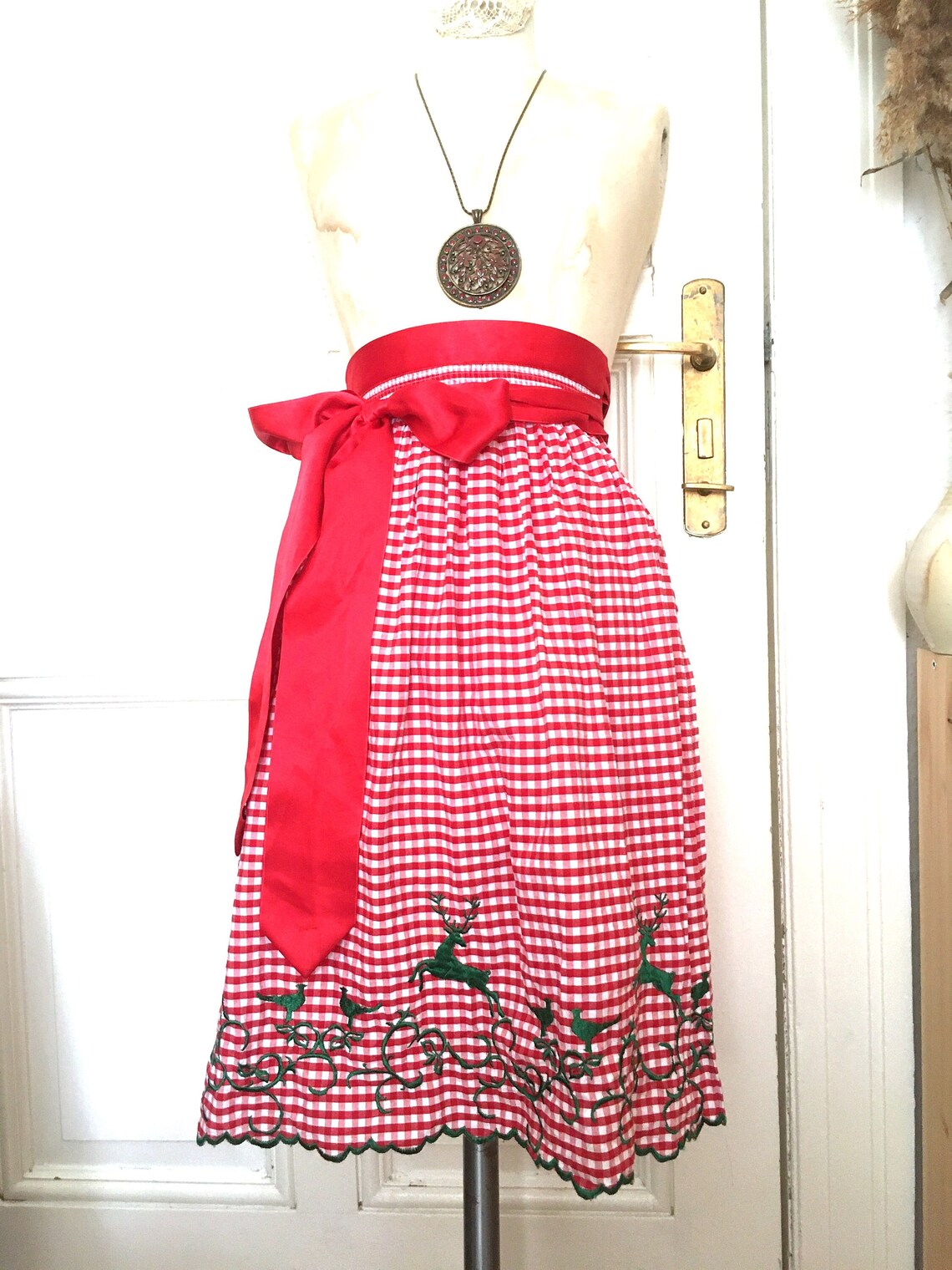 Bavarian Apron Gingham Red Check With Green Embroidered Folk - Etsy
