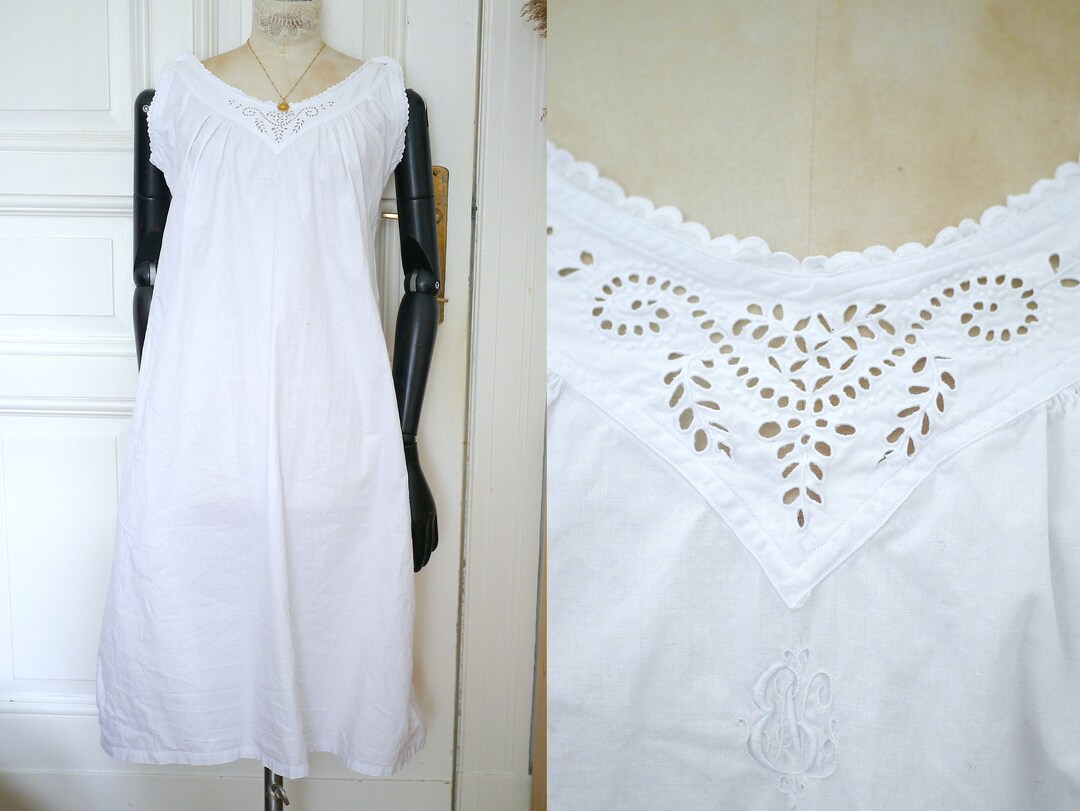 Antique White Cotton Shift Dress With Crochet Lace Florentine Neckline ...