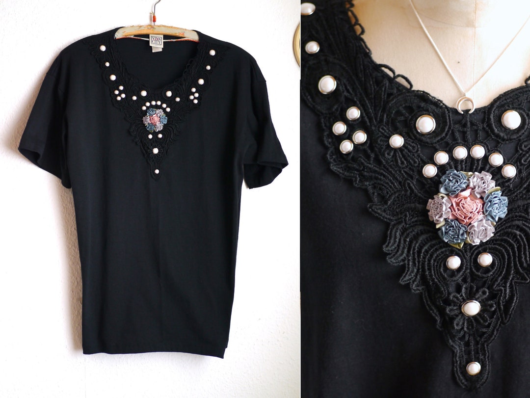 80s Appliqué TOP With Costumer Jewellery / M / Black Shoulder Pads Top ...