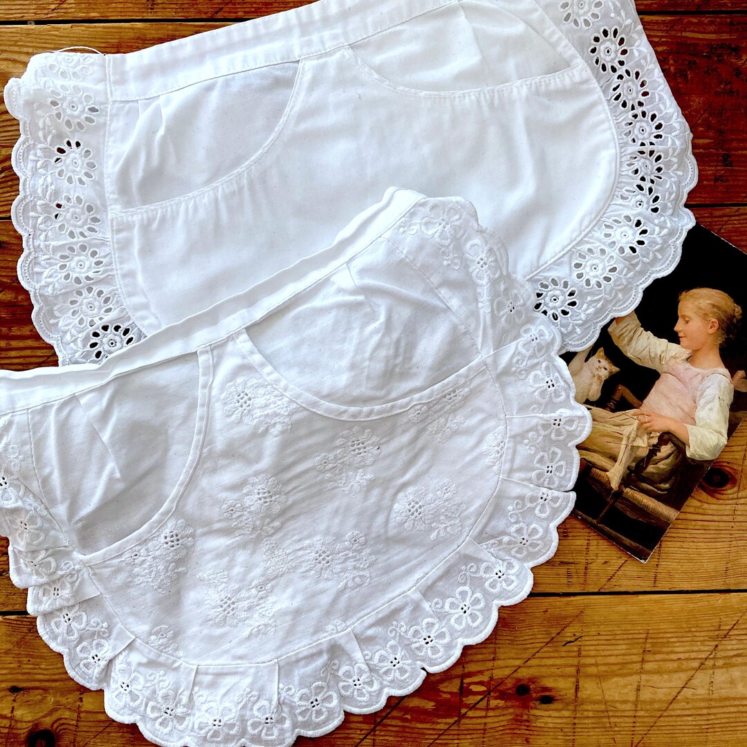 2 X Vintage Waitress / Servant Apron, White Cotton Tiny Half Apron ...
