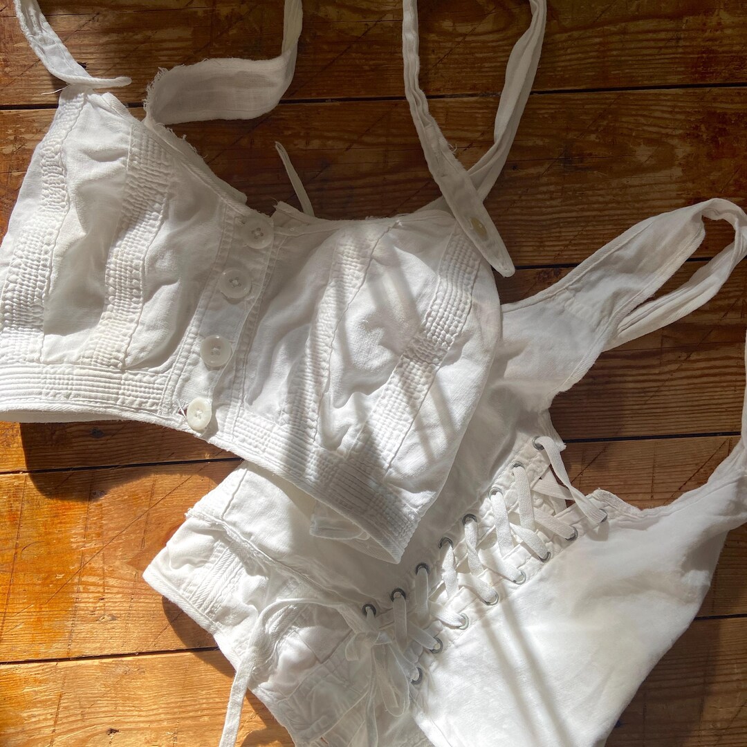 The Antique Cotton Bra Bustiers With Back Lace up Closure, Set of TWO ...