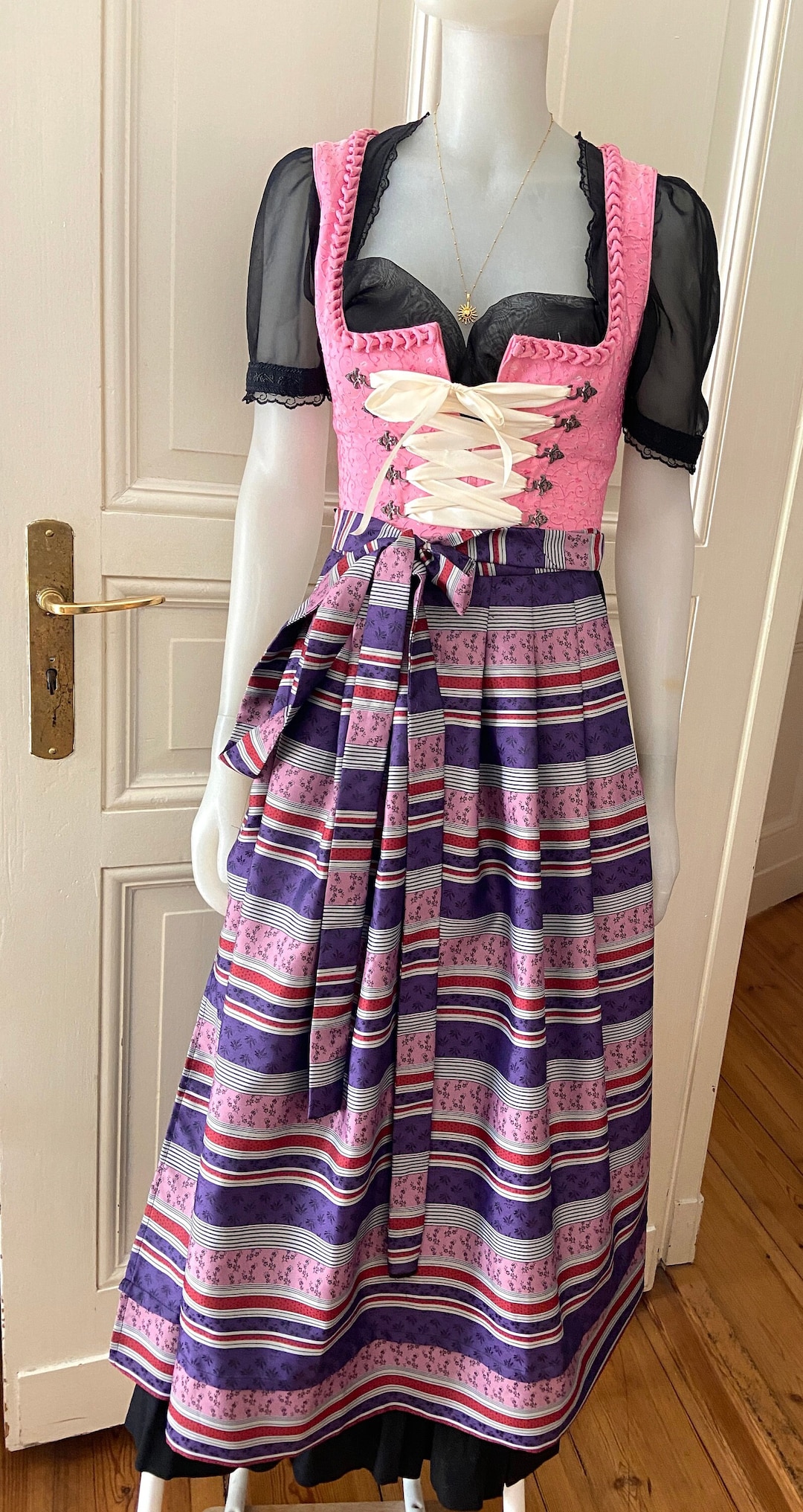 Bavarian Dirndl With Apron, Maxi Length Pink Satin Traditional - Etsy