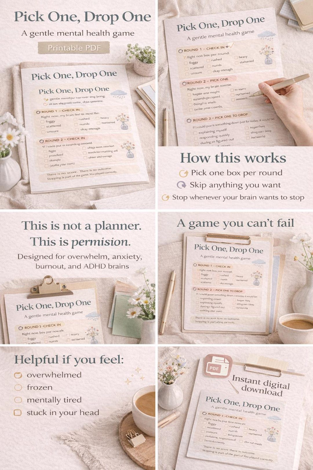 Pick One Drop One Mental Health Game | Gentle Self Care Printable ...