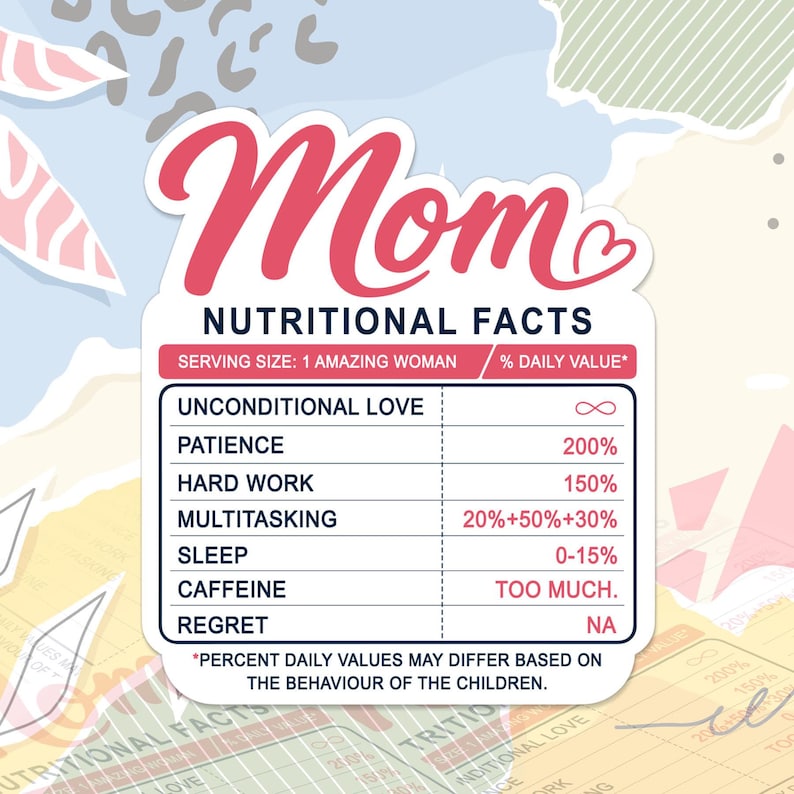 Mom Nutritional Facts Sticker Motherhood Humor Aesthetic Mama Life ...