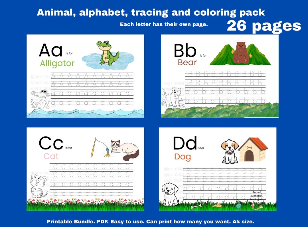 Animal Alphabet Tracing and Coloring Worksheets for Kids A to Z ...
