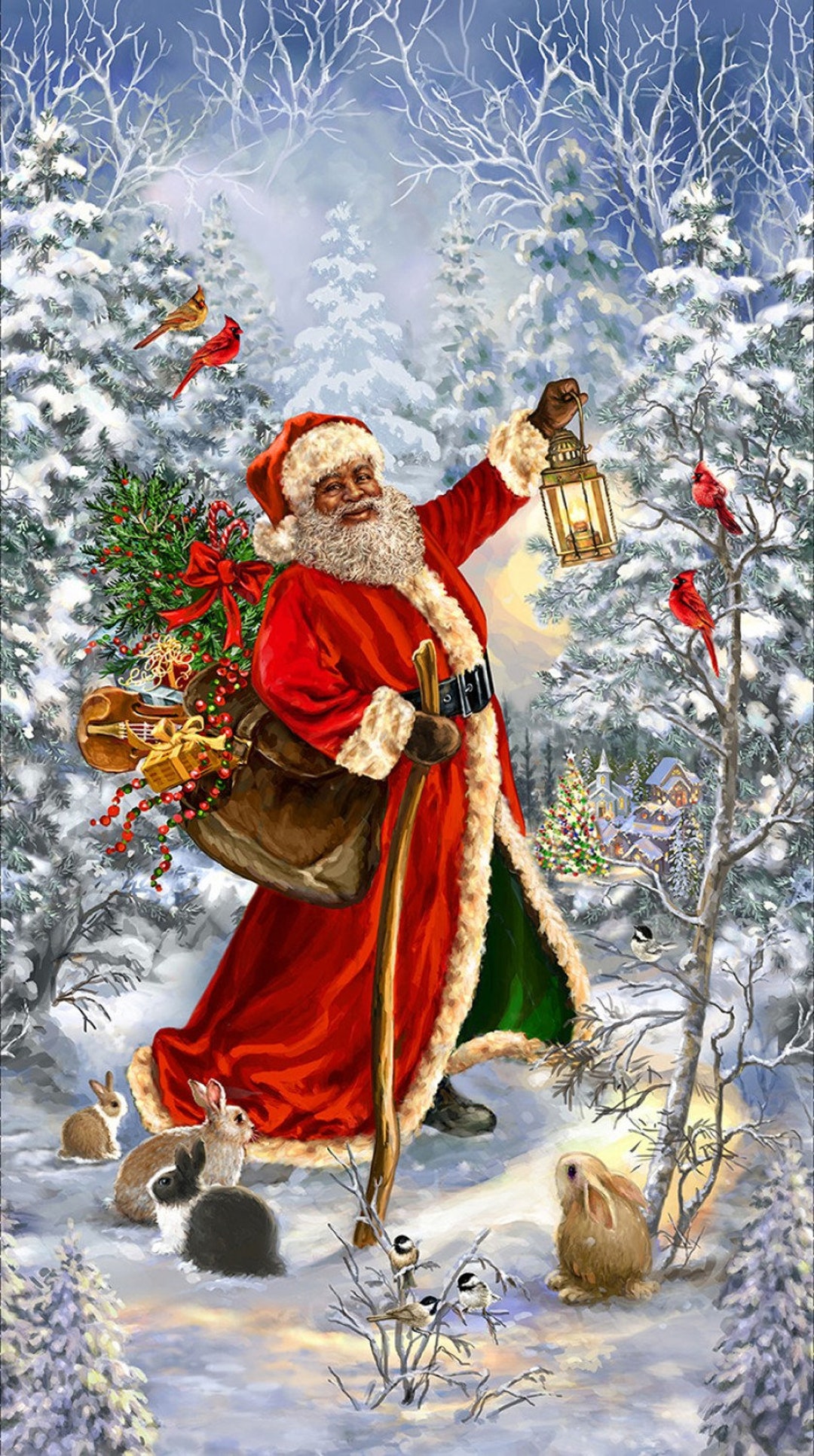 Black Santa Claus Scene Fabric Panel, Timeless Treasures, Dona ...