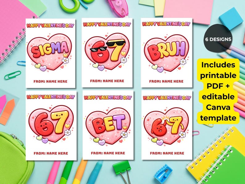 67 Valentine Printable Card Set: Gen Z Slang Classroom PDF Editable in ...