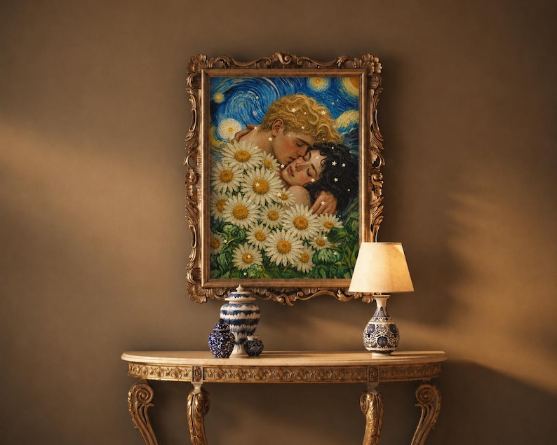 Custom Couple Portrait, Van Gogh Starry Night Style, Floral Anniversary ...