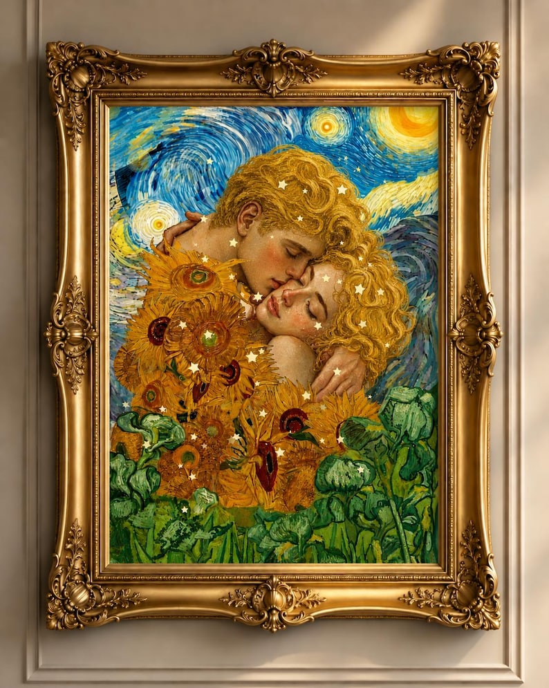 Custom Couple Portrait, Van Gogh Starry Night Style, Floral Anniversary ...