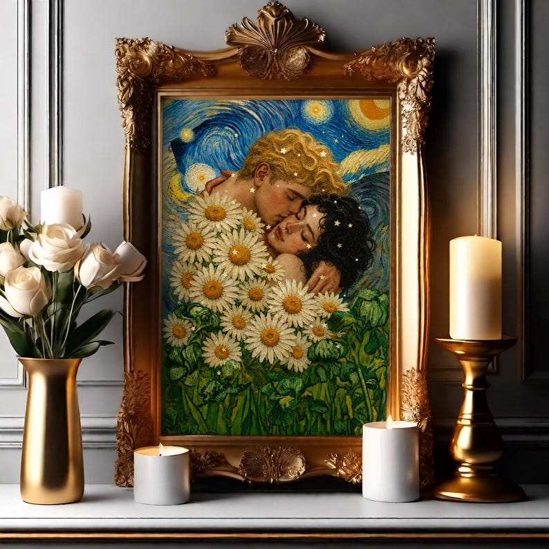 Custom Couple Portrait, Van Gogh Starry Night Style, Floral Anniversary ...