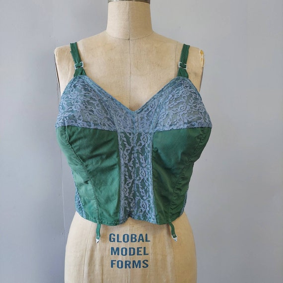 Green Pointy Long Line Bra / Bustier with Teal Lace … - Gem