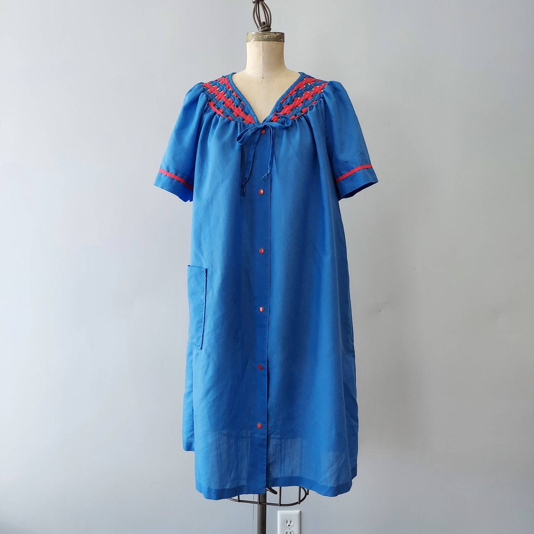 Bright Blue Muumuu With Red and Blue Woven Details by Merville - Etsy