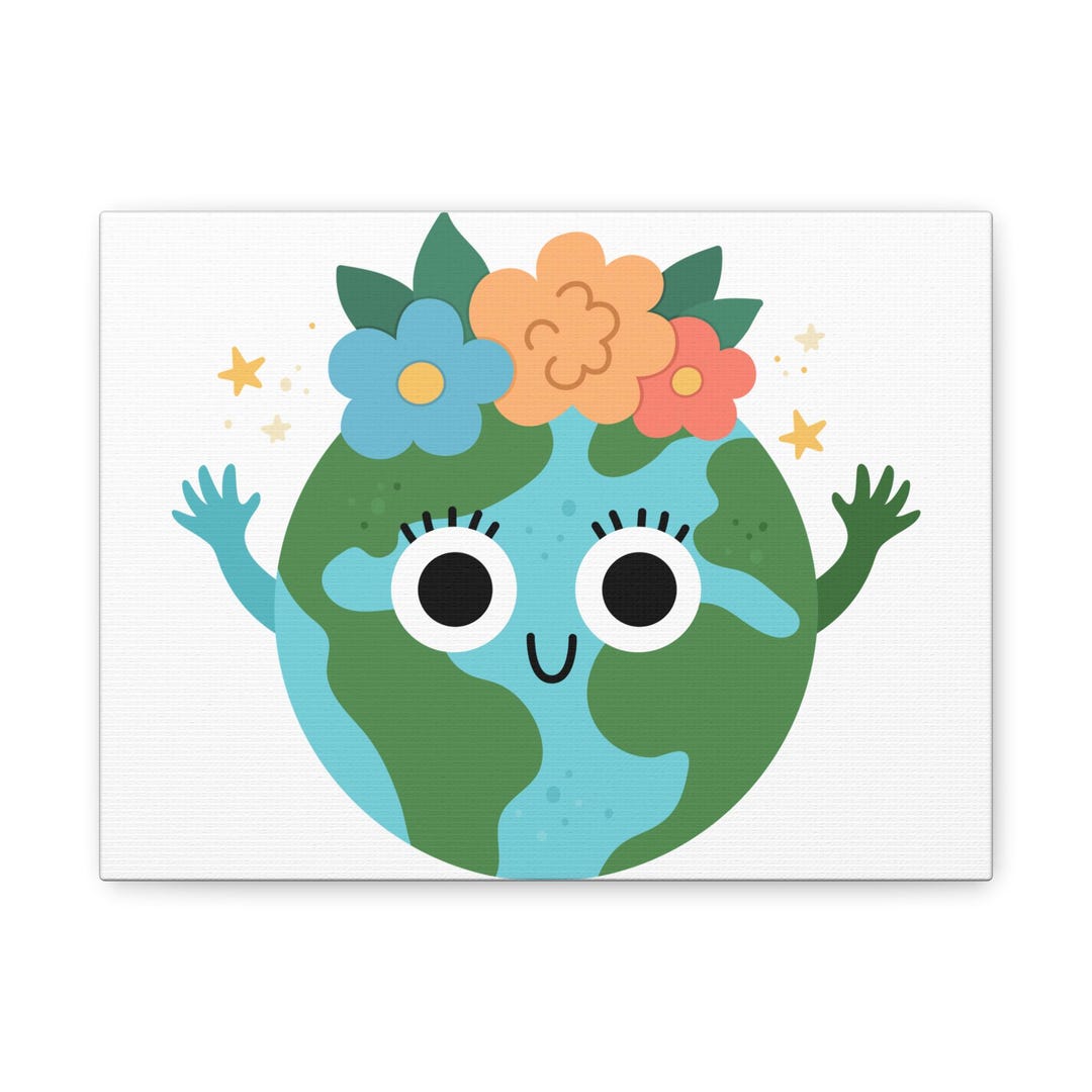 Cute Smiling Earth With Flower Crown Canvas | Kids Room Wall Art - Etsy