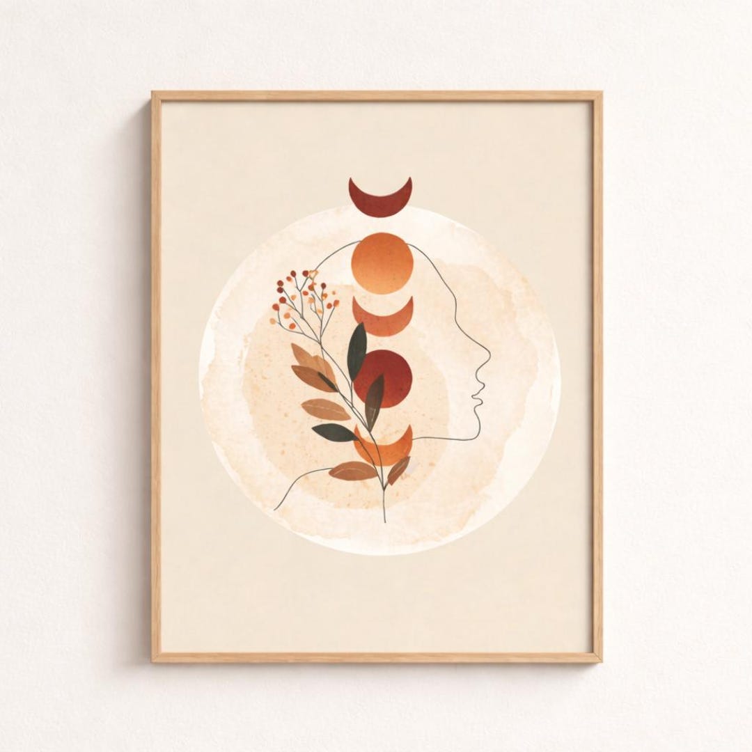 Boho Moon Phases Line Art Printable, Abstract Face Wall Art, Mid ...