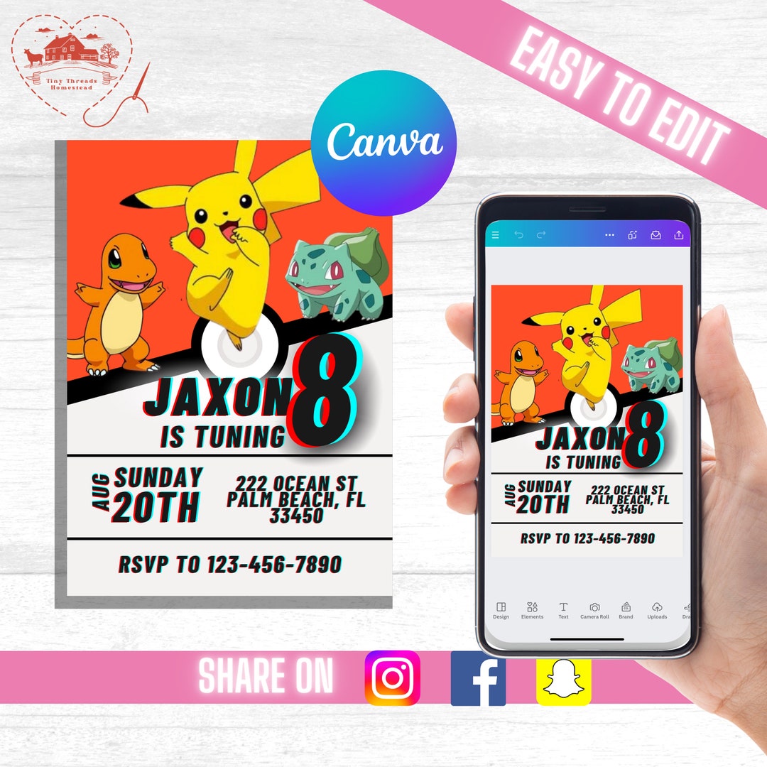 Editable Pokemon Birthday Invitation Pokemon Inspired Invite Anime ...