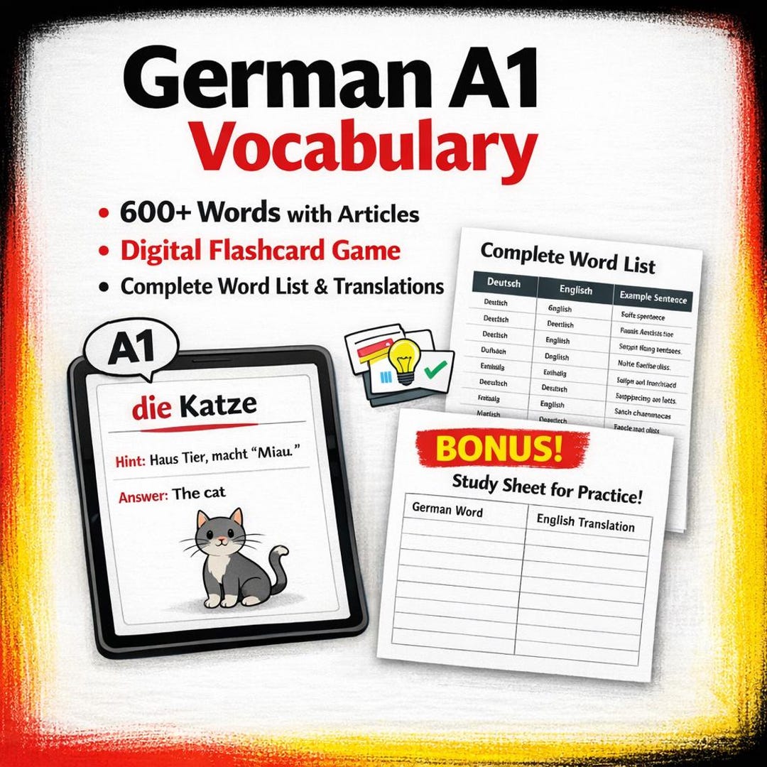 German Digital Flashcard Game & Vocabulary List | 600+ A1 Words With ...