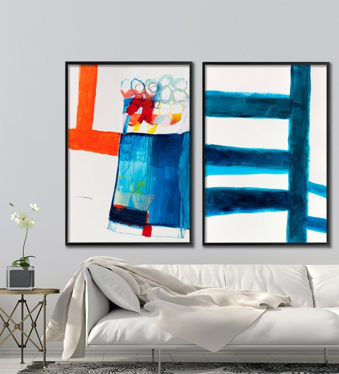 Abstract Painting Set of Two Wall Art Prints Blue and Red - Etsy