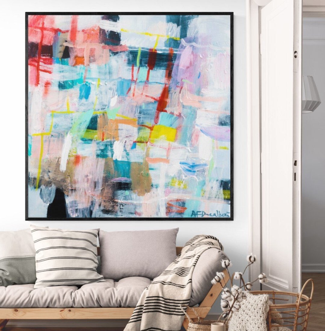 Light Pastel Pink Abstract Wall Art Print, Large Pink and Blue Joyful ...