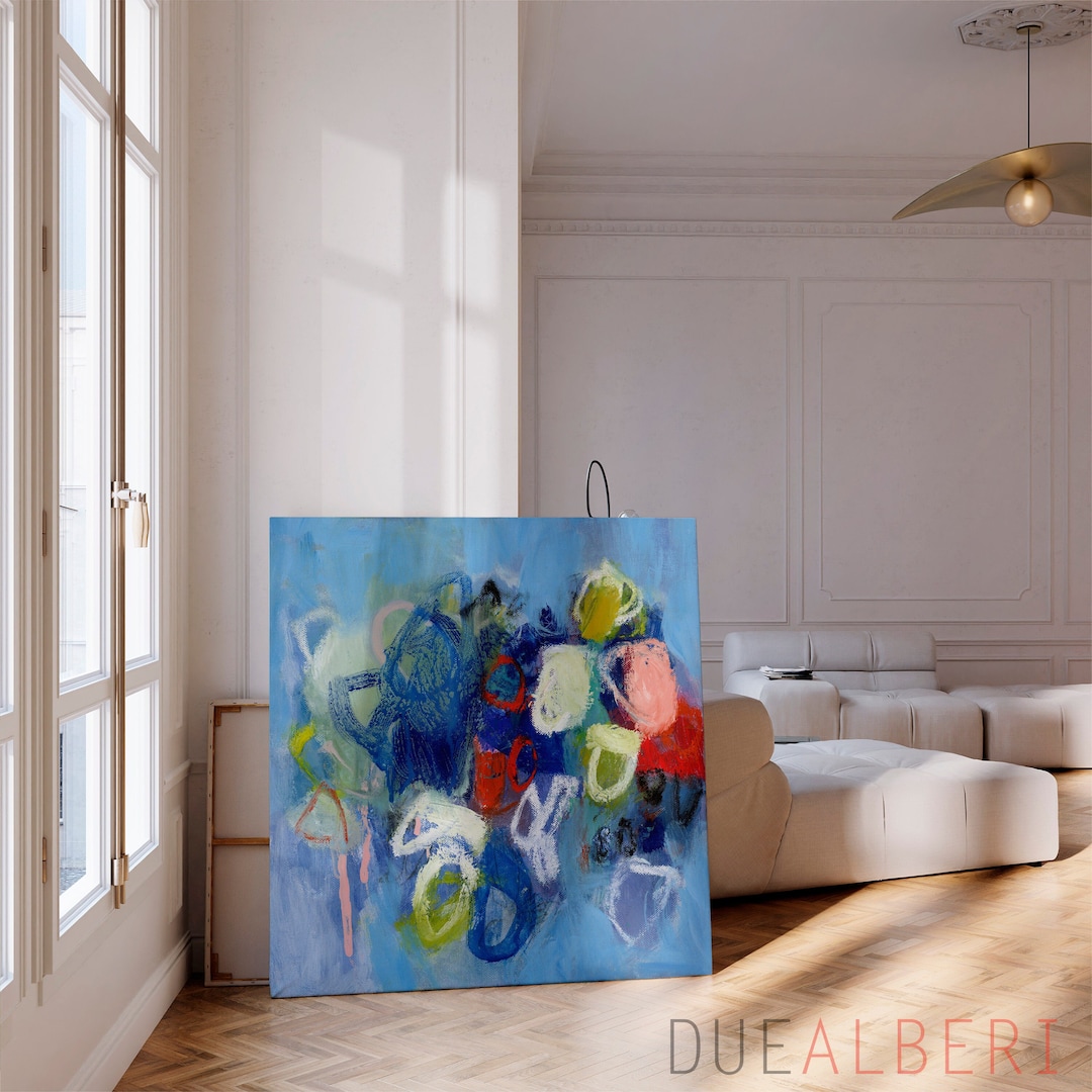 Modern Light Blue Abstract Wall Art Print, Large Blue and Multicolor ...