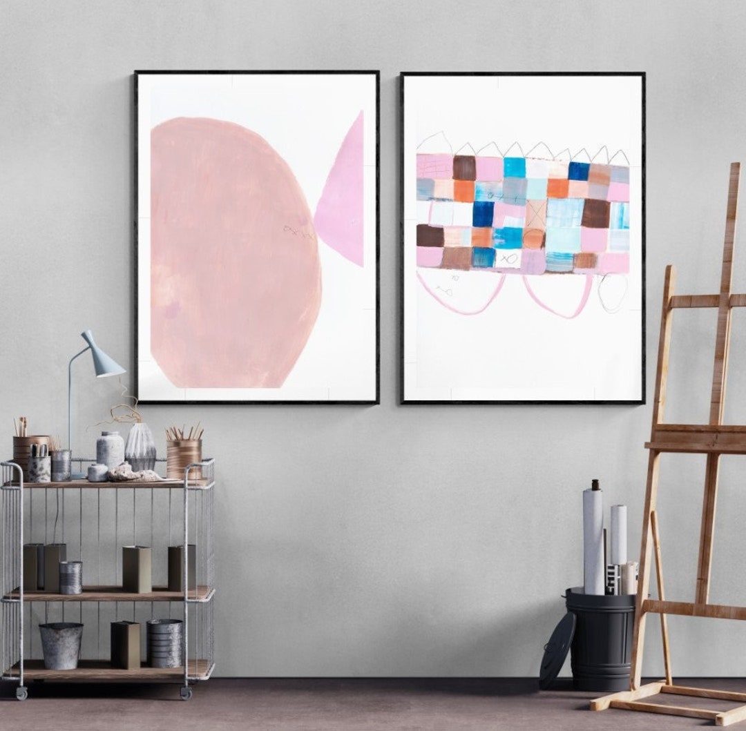 Soft Pastel Wall Art Cheerful Wall Art Set 2 Large Pink - Etsy