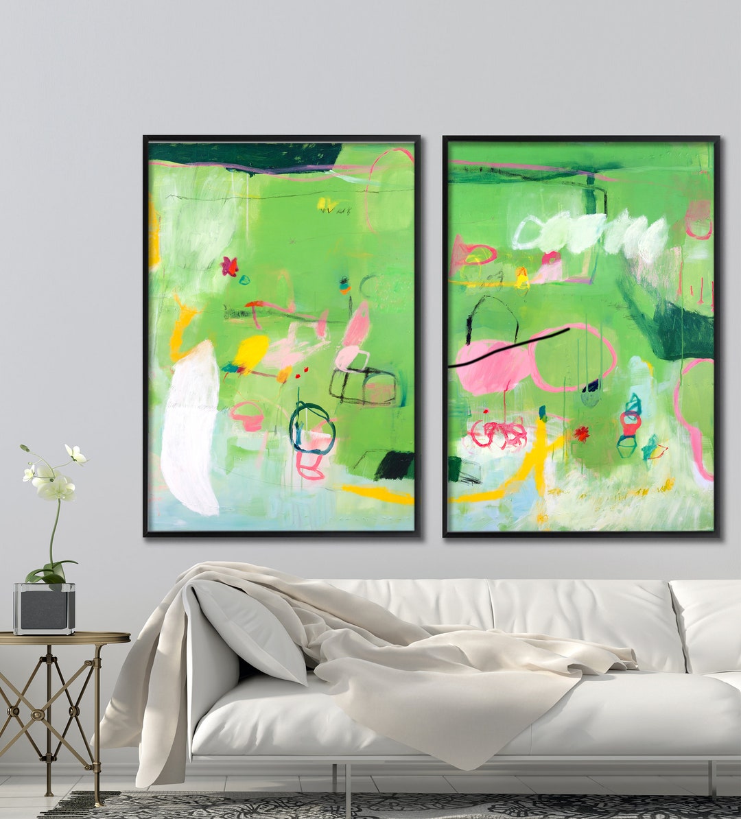 Set of Two Modern Green Painting Prints, Colorful Pastel Lime Green ...