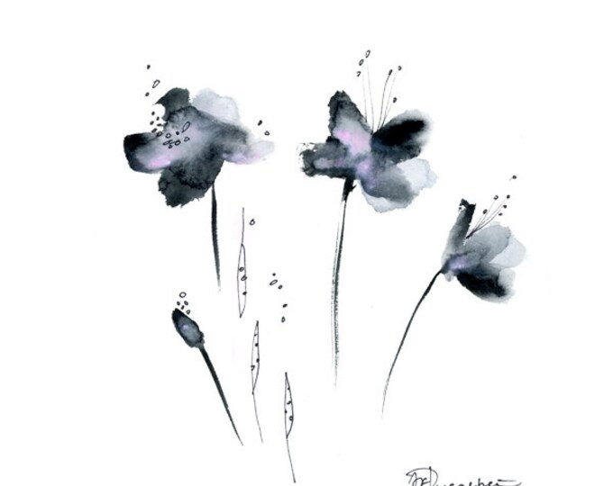 SALE Grey Flowers Watercolor Painting Original Abstract Art 8x10 Black ...
