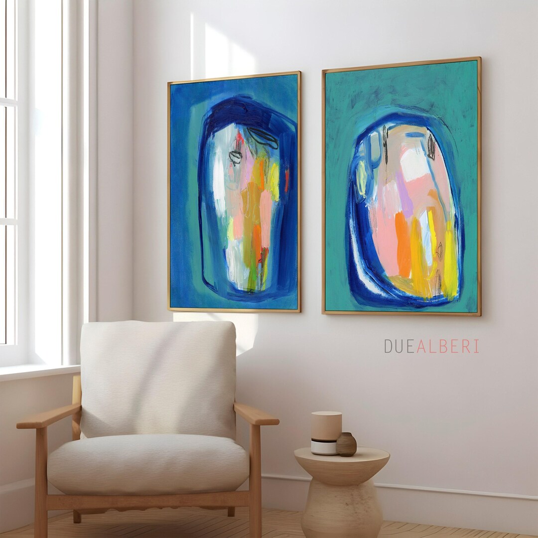 Mid Century Abstract Art Prints, Set of 2, Blue Teal Yellow Orange ...