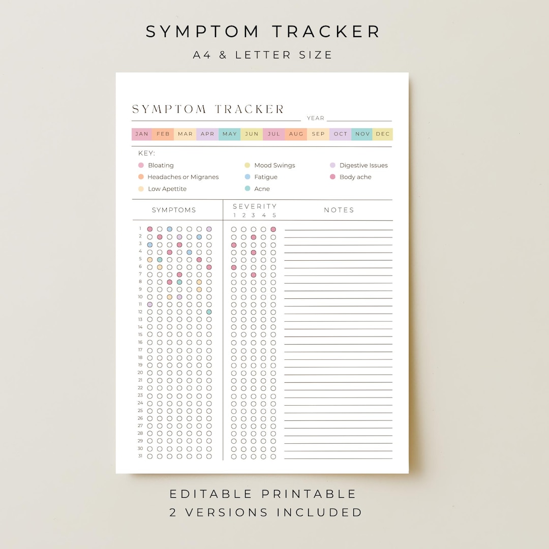 Monthly Symptom Tracker Printable, Health & Wellness Tracker, Symptom ...