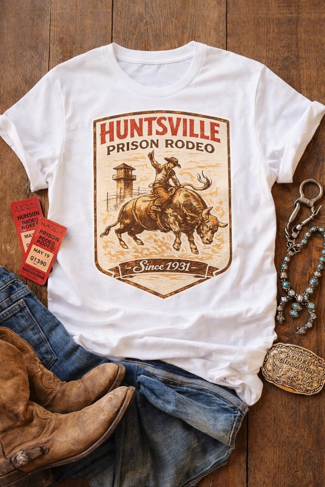 Huntsville Prison Rodeo Bull Rider Graphic Tee | Vintage Western Badge ...