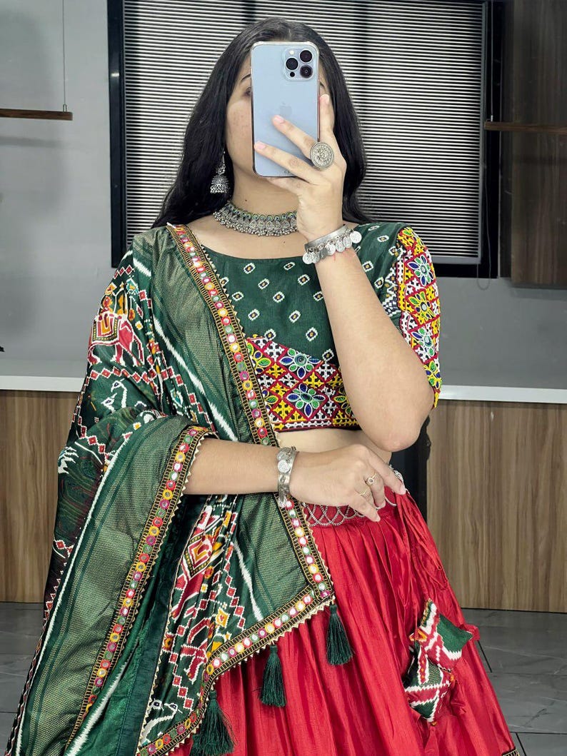 Red Color Patola Paithani Lehenga, Dola Silk Chaniya Choli, Mirror Work ...