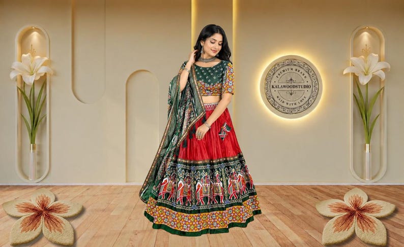 Red Color Patola Paithani Lehenga, Dola Silk Chaniya Choli, Mirror Work ...