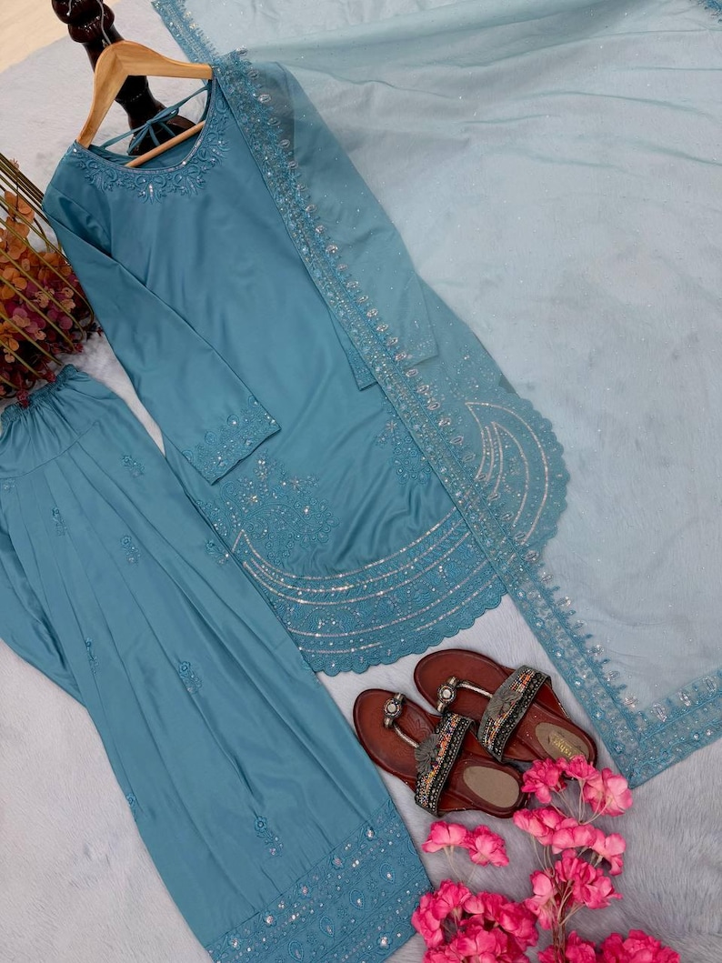 Blue Color Crepe Farshi Palazzo Suit, Sequin Embroidery Kurti Set ...