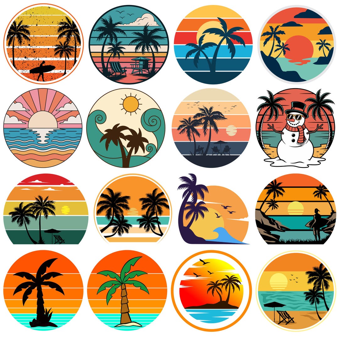 Retro Beach Scene SVG Bundle, Summer Palm Tree Clipart (digital ...