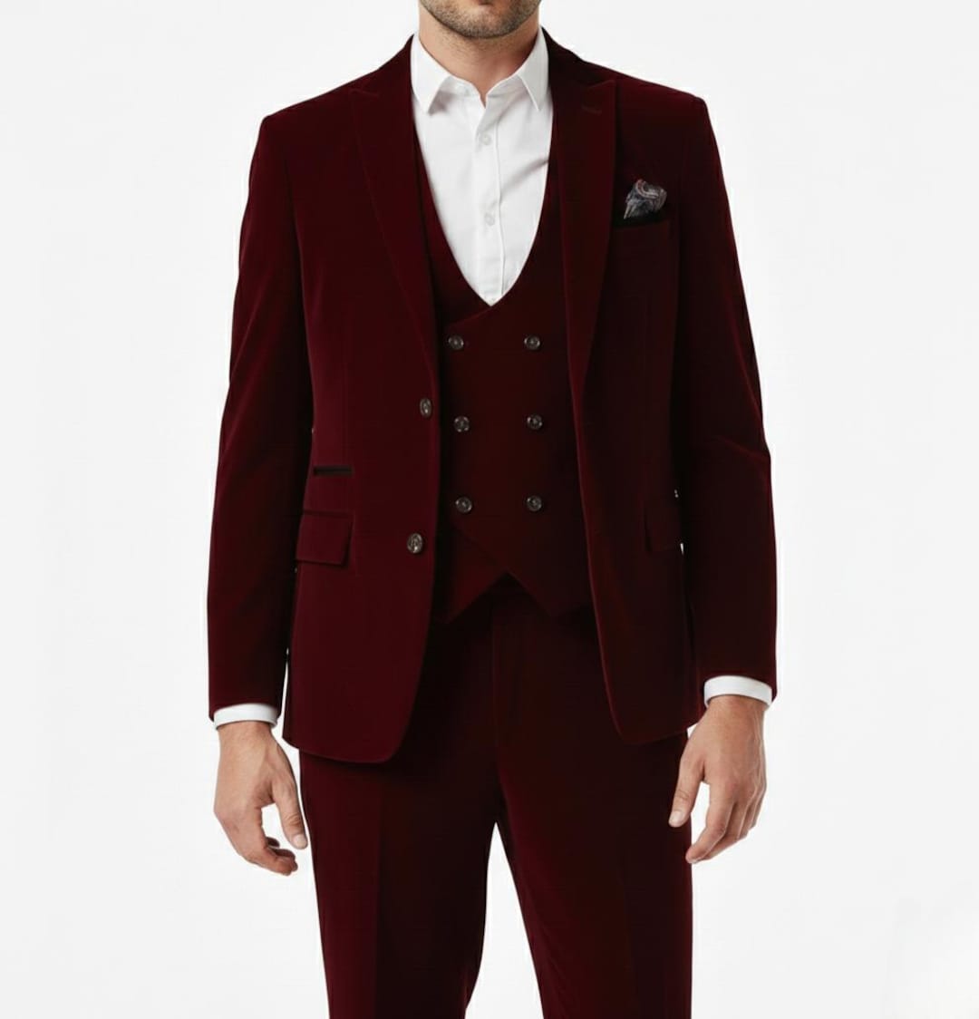 Men Velvet Suit Burgundy Slim Fit 3 Piece Suit Wedding Outfit for Groom ...