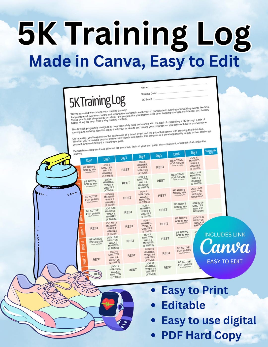 8-week 5K Training Plan and Log | Beginner Walk Run Program | Printable ...