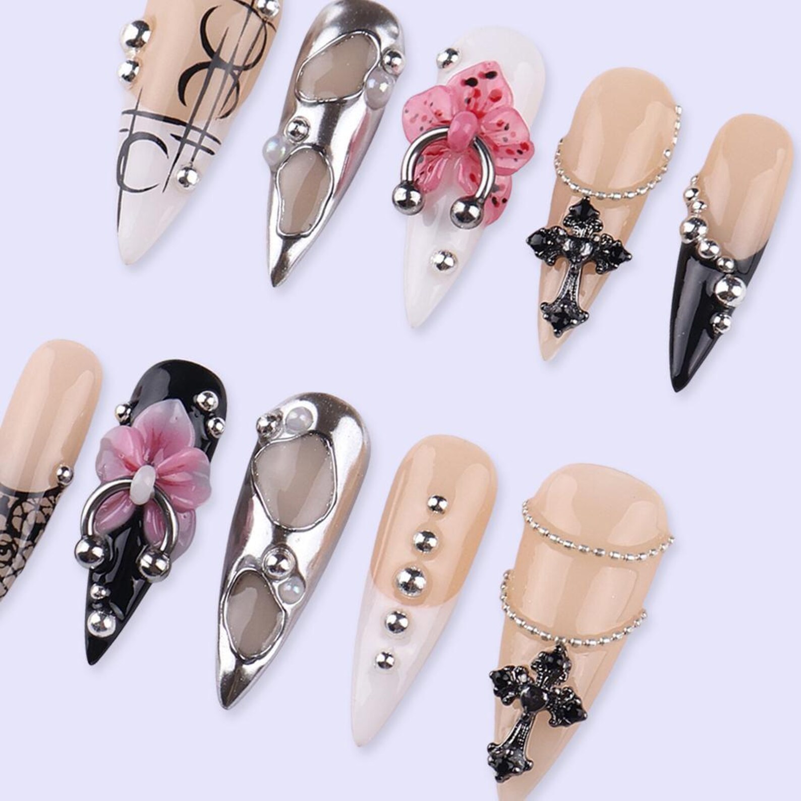 Y2K Press on Nails With Cross & Floral, 3D Fake Nails in Long Stiletto ...