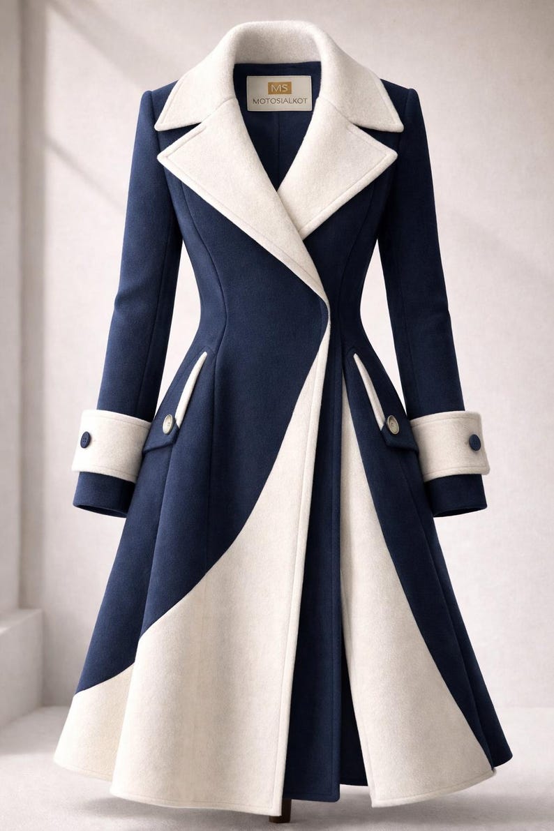 Luxury Blue & White Wool Long Coat for Women – Elegant Handmade Coat ...