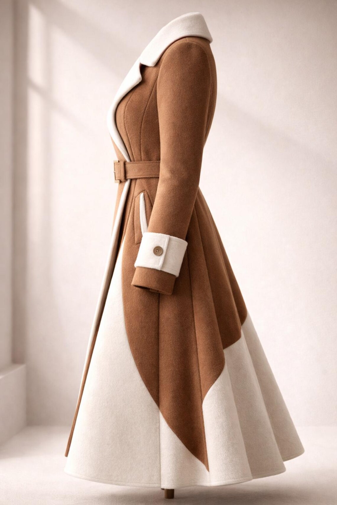 Luxury Brown & White Wool Long Coat for Women – Winter Fashion Elegant ...