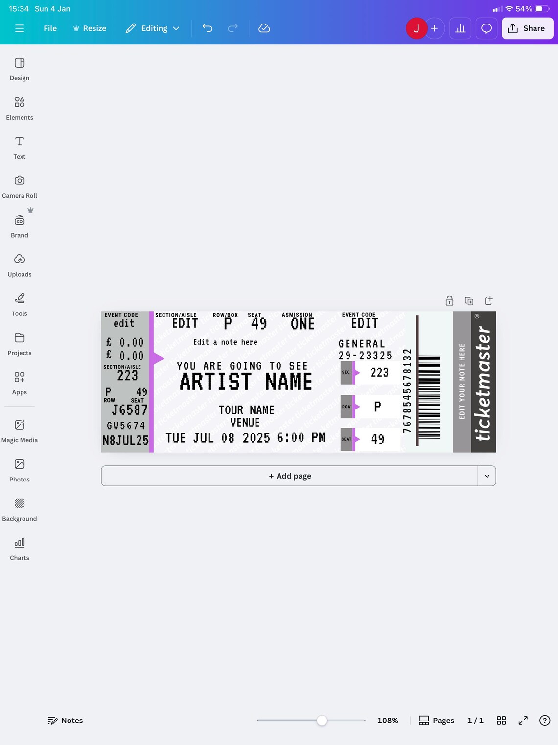 Concert Ticket Canva Editable Template, Custom Event Ticket, Birthday ...